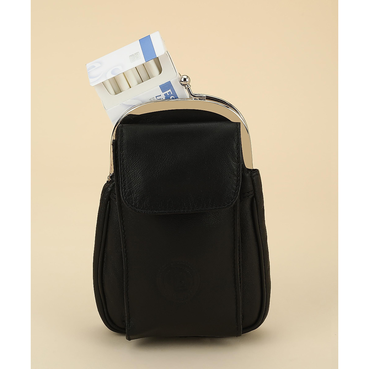 Leatherboss Leather Kiss Lock Pick-me-up Large Cigarette Money Make Up Holder Purse with Phone Case Black