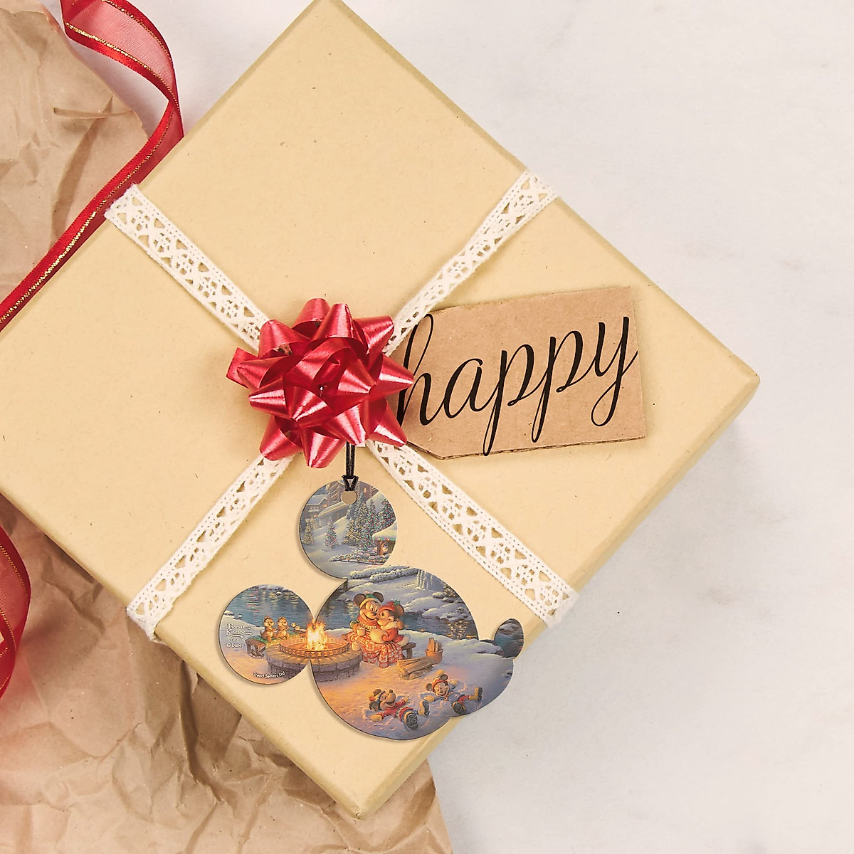 Disney – Mickey and Minnie Mouse - Christmas Lodge – Thomas Kinkade Studios - 4” x 3.5” Mickey Ear Shaped Hanging Acrylic Print – Officially Licensed Collectible