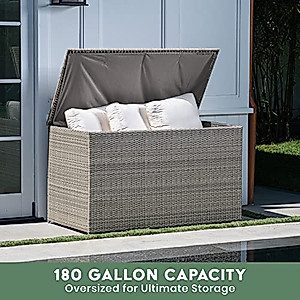 Royal Garden 230 Gal Extra Large Wicker Furniture Deck Storage Box for Indoor Outdoor Use, Storage for Cushions, Pillows, Patio, and Pool Accessories w/ Pneumatic Hinges and Internal Liner (Gray)
