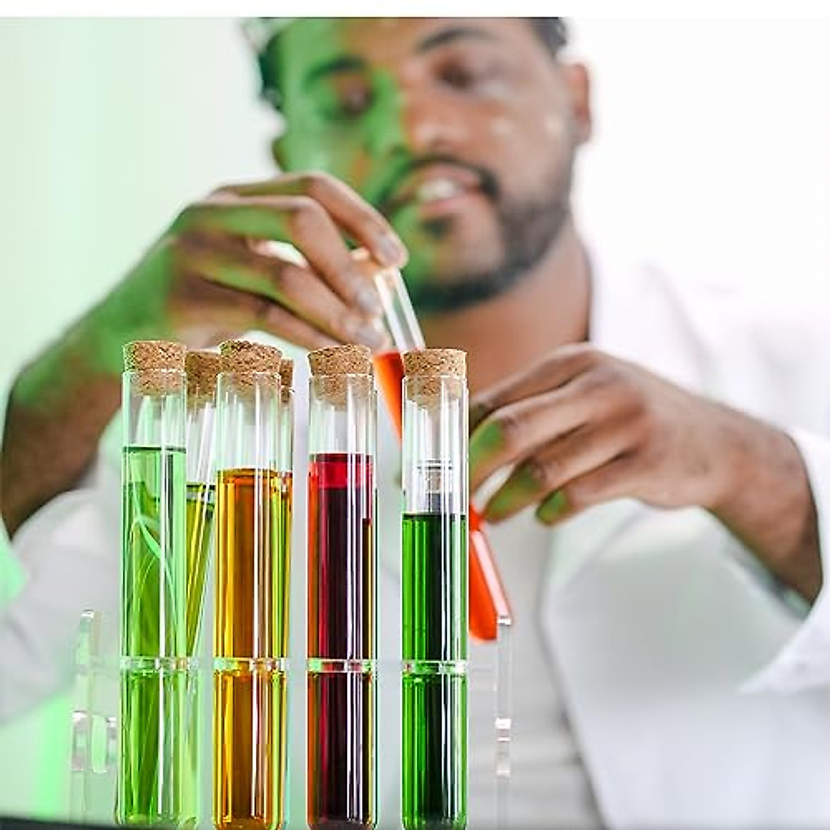 BKMAMLAB Glass Test Tube Set 24pcs 80ml Glass Test Tubes 25 x 200mm with Cork Stoppers and 1pcs 24 Holes Plastic Tubes Rack for Test Lab Tubes