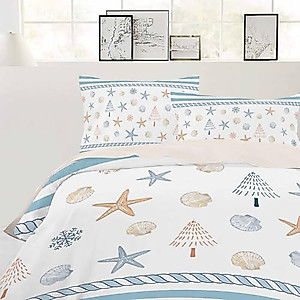 Lsrtoss Coastal Christmas Twin Duvet Cover Set for All Season, Xmas Tree Starfish Beach Blue Striped Microfiber 3 Piece Bedding Set with 2 Pillowcases & 1 Quilt Cover, 68" W x 86" L, Twin Size