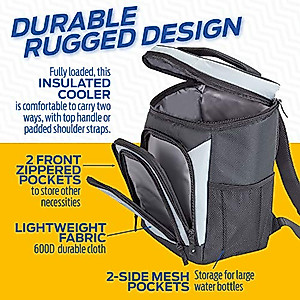 Grey Backpack Cooler Bag with Bottle Opener – Fully Insulated Thermal 16 Can Tote - Padded Back and Shoulder Strap - Front Zipper and Mesh Water Bottle Pockets – by Outrav