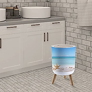 Small Trash Can with Lid Summer Beach with strafish and Shells 7 Liter Round Garbage Can Elasticity Press Cover Lid Wastebasket for Kitchen Bathroom Office 1.8 Gallon