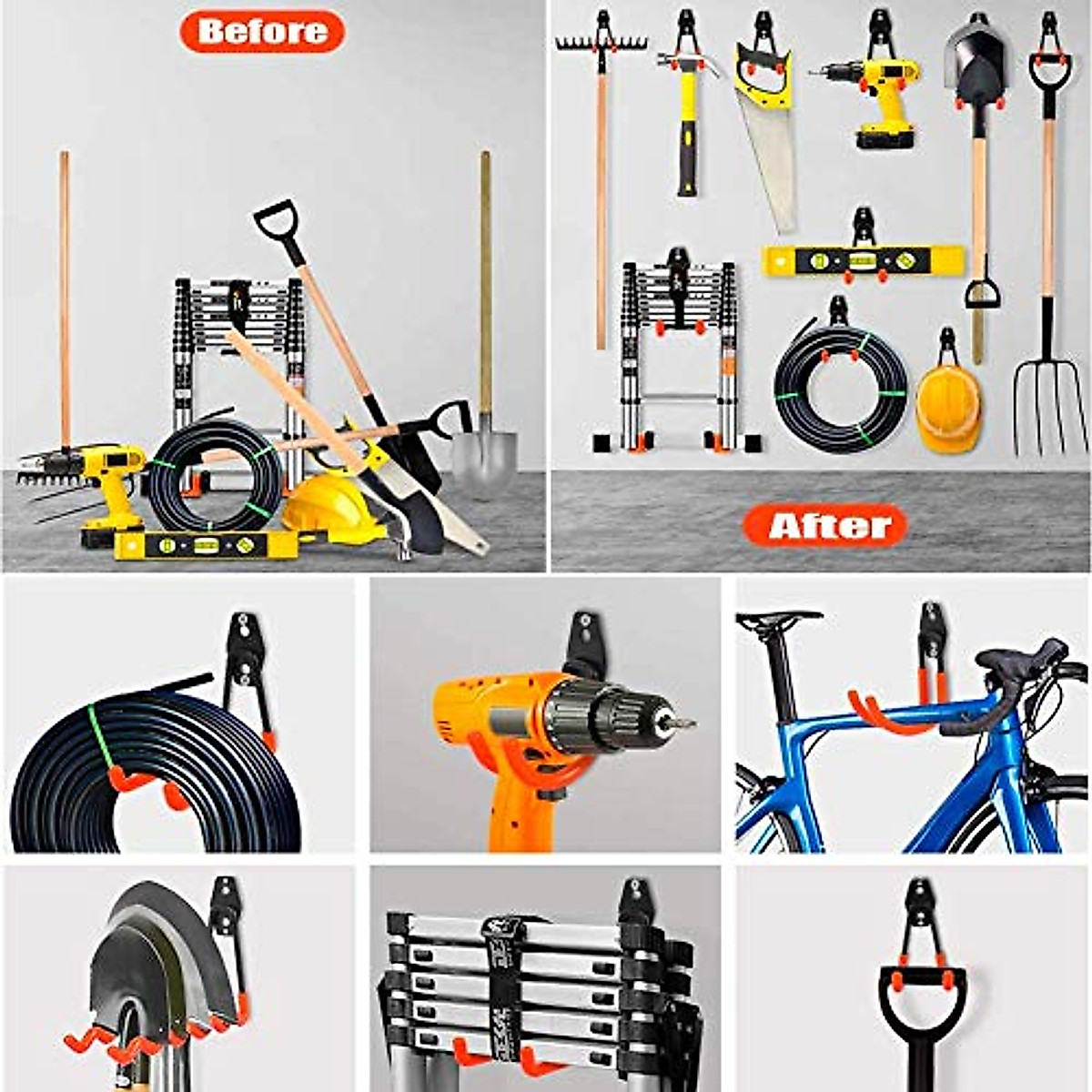 TORACK Garage Hooks Heavy Duty, 15 Pack Wall Mount Steel Utility Hooks&Hangers, Anti-Slip Rubber Coated, Garage Storage Organizer for Garden Tools, Power Tools, Ladders, Brooms, Bikes, Bulk Items