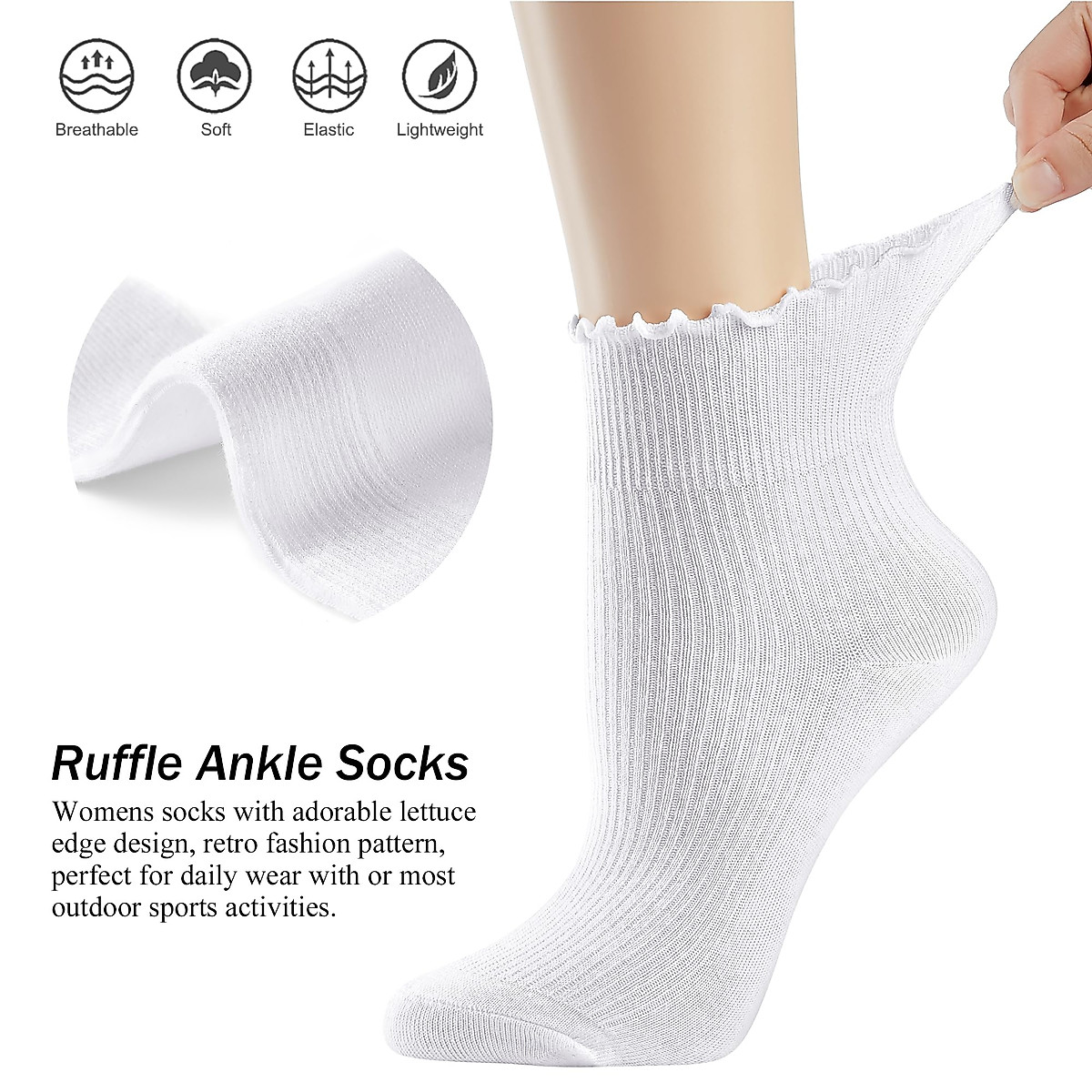 UTTPLL Ruffle Crew Socks Women Turn-Cuff Athletic Aesthetic Lettuce Socks Ladies Thin Lovely Cotton Frilly Boot Ankle Socks White One Size