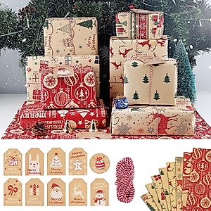 BOENFU Christmas Wrapping Paper, 8 Sheets Recyclable Kraft Paper for Xmas, 70x50CM in Folded Gift Wrap Paper