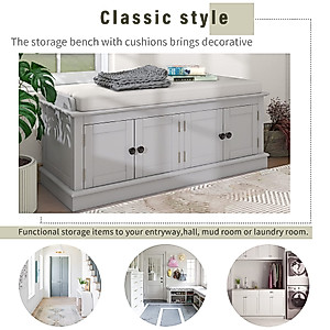 ROOMTEC Storage 4 Doors and Adjustable Shelves, Shoe Bench w/Removable Cushion & Seating for Entryway Living Room Hallway Bedroom,Grey