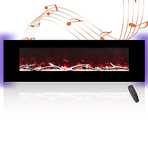 60 Inch Electric Fireplace with Bluetooth Speakers Wall Mounted Low Noise Ultra-Thin Linear Fireplace Adjustable 8 Flame Colors, Control by Button and Remote, 8h Timer (No-Recessed)