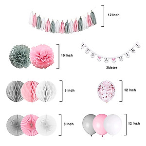 Baby Shower Decorations for Girl, It’s A girl Banner with Paper Fan Tissue Pompoms Honeycomb Ball Party Balloons Foil Tassel, Pink and Grey It’s A girl Baby Shower Decorations