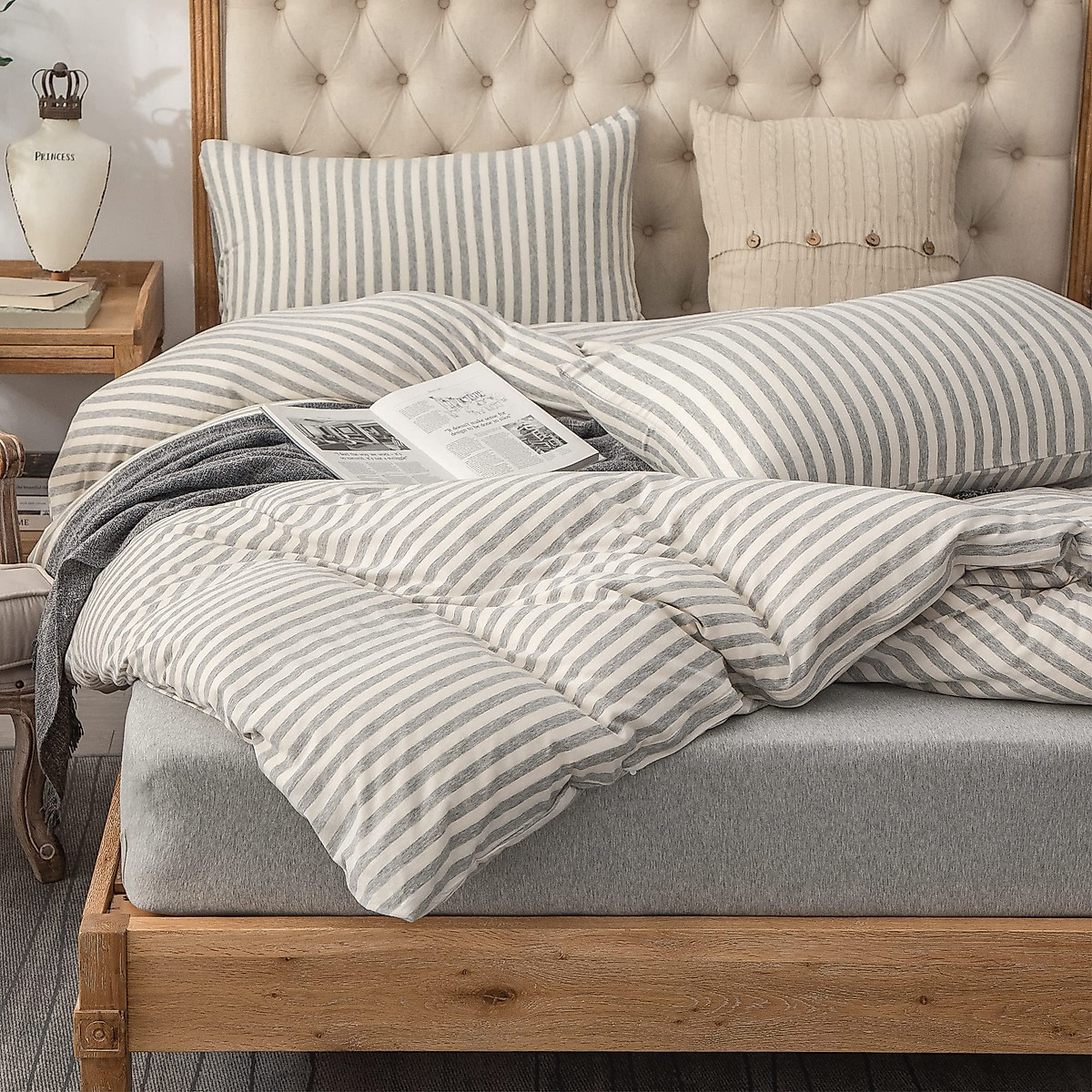 PURE ERA Jersey Knit Duvet Cover Set 100% T-Shirt Heather Cotton Super Soft Comfy Classic Striped Design, with Zipper Closure, Grey & White Stripe, Queen