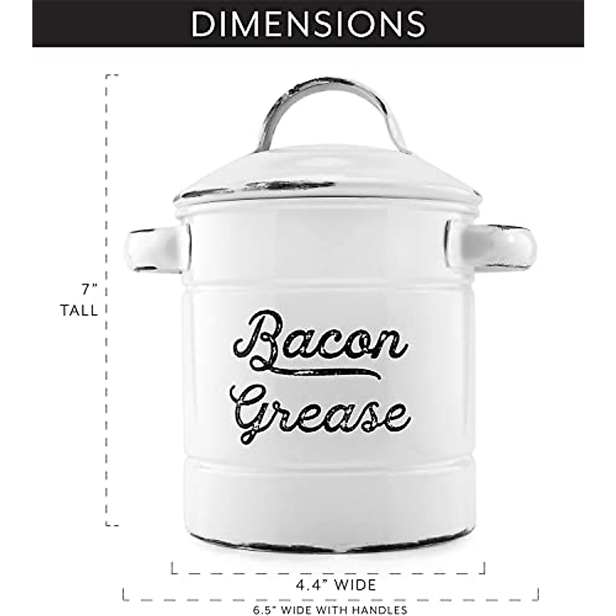 AuldHome Grease Container, White Enamelware Bacon Grease Can with Strainer, Farmhouse Style, Keto-Friendly