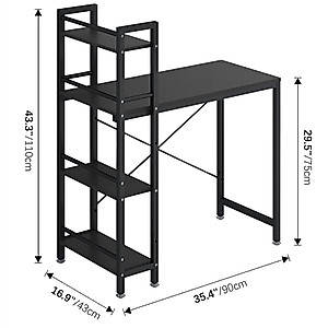 4NM 35" Small Computer Desk with 4-Tier Bookshelf, Home Office Desk Writing Workstation Study Table Multipurpose for Small Space Work - All Black