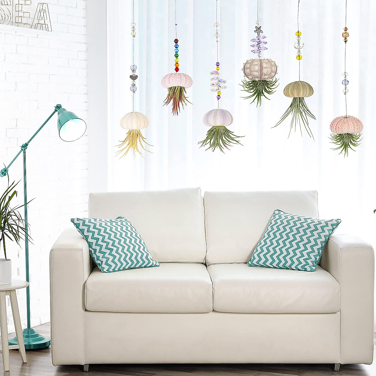 Patelai 6 Pieces Hanging Sea Urchin Shell Pot Decorative Air Plant Holder Cute Mini Shell Succulent Display Container for Boho Home Indoor Outdoor Wall Garden Decoration