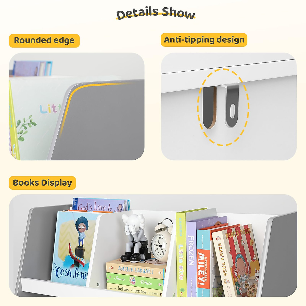 Cowiewie Nursery Bookshelf for Kids, Kids Bookshelf and Toy Storage Organizer, Wooden 5 Cubbies, Open Bookcase with Display, 2-Tier Freestanding Cabinet for Baby Room-White & Grey