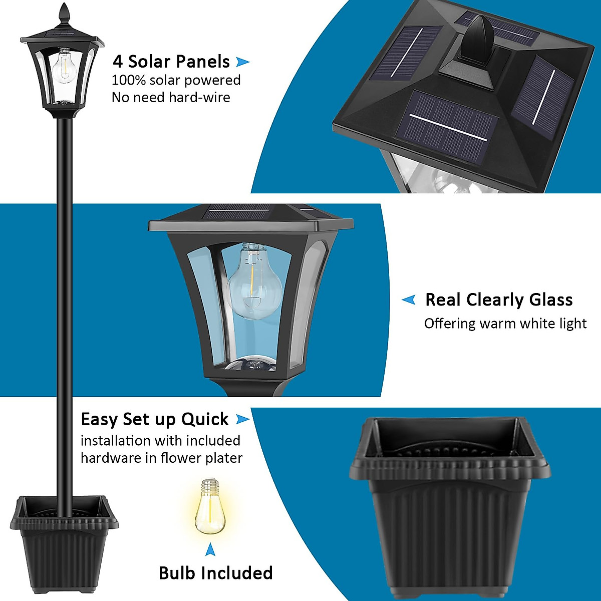 72" Solar Outdoor Light with Planter, Waterproof Solar Post Lamp, Garden Lights for Backyard, Pathway, Patio, Lawn, Driveway Decor