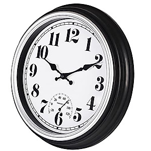 45Min 12 Inch Indoor/Outdoor Retro Round Waterproof Wall Clock with Thermometer, Silent Non Ticking Battery Operated Quality Quartz Wall Clock Home/Patio Decor(Silver F)