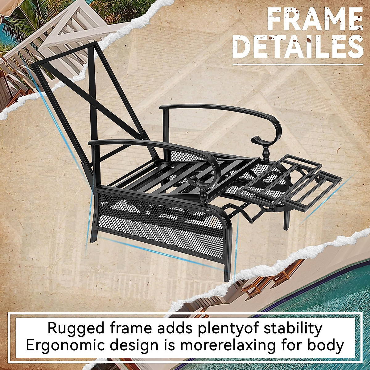 SOLAURA Outdoor Recliner Adjustable Backrest Lounge Chair with Black Metal Frame & Removable Cushions for Porch, Backyard, Pool or Garden (Beige)