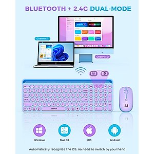seenda Bluetooth Keyboard and Mouse for iPad, Multi-Device Bluetooth + 2.4G Wireless Keyboard Mouse with Tablet Holder for MacBook/Windows Computer, iOS/Andriod Tablet Phone, Blue & Purple