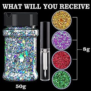Holographic Chunky Glitter 50g Silver+8g*4 Body Glitter with Multi-Shapes Gold+Magic Purple+Red+Green Sparkle Glitter for Body Face Eye Hair Makeup Glitter for Resin Project+Quick Dry Makeup Glue