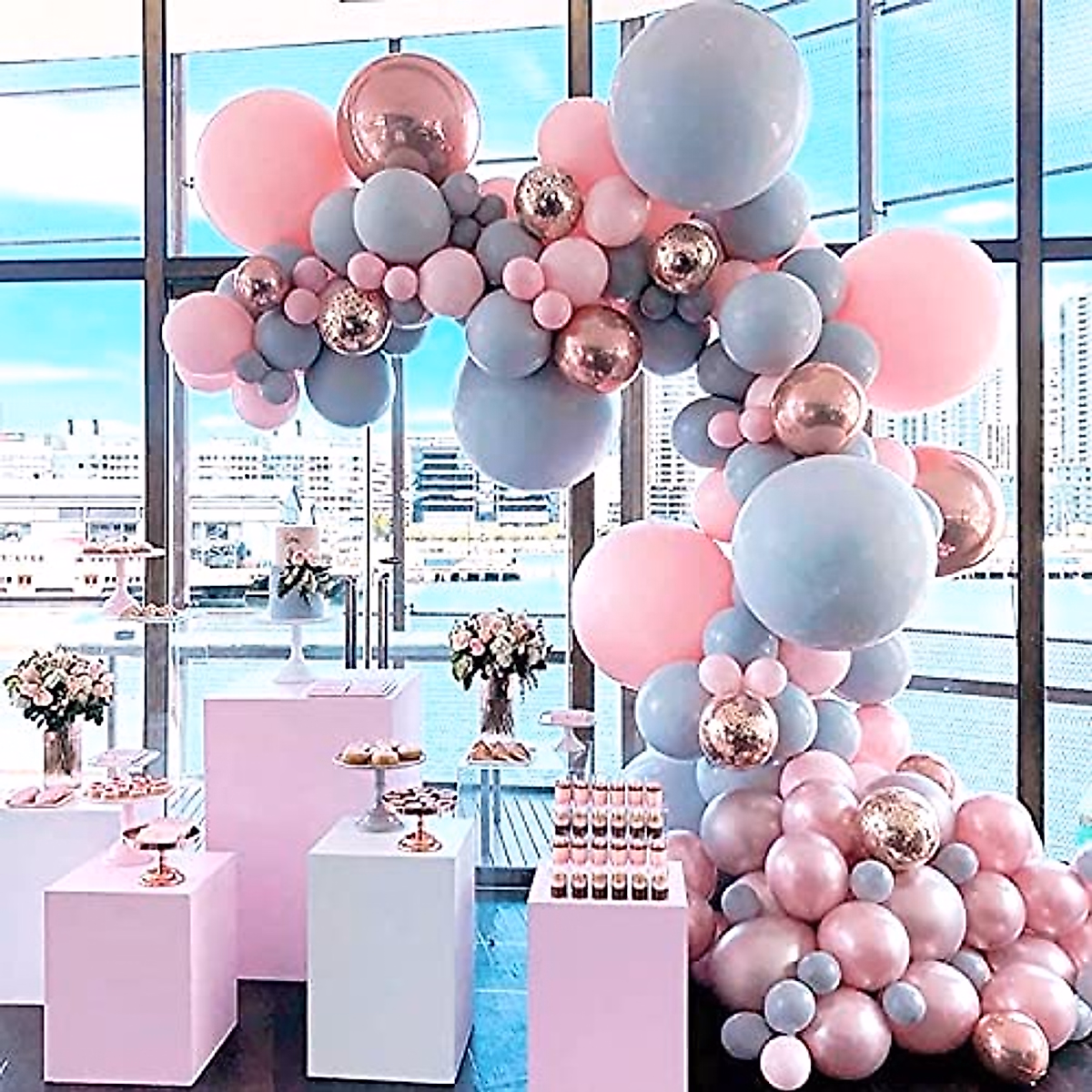 sherpaa Pastel Pink Gray Balloon Garland Arch Kit – 147 Pack Rose Gold Confetti Balloons ,4D Foil Balloons for Princess Wedding Birdal Baby Shower Birthday Evening Decorations