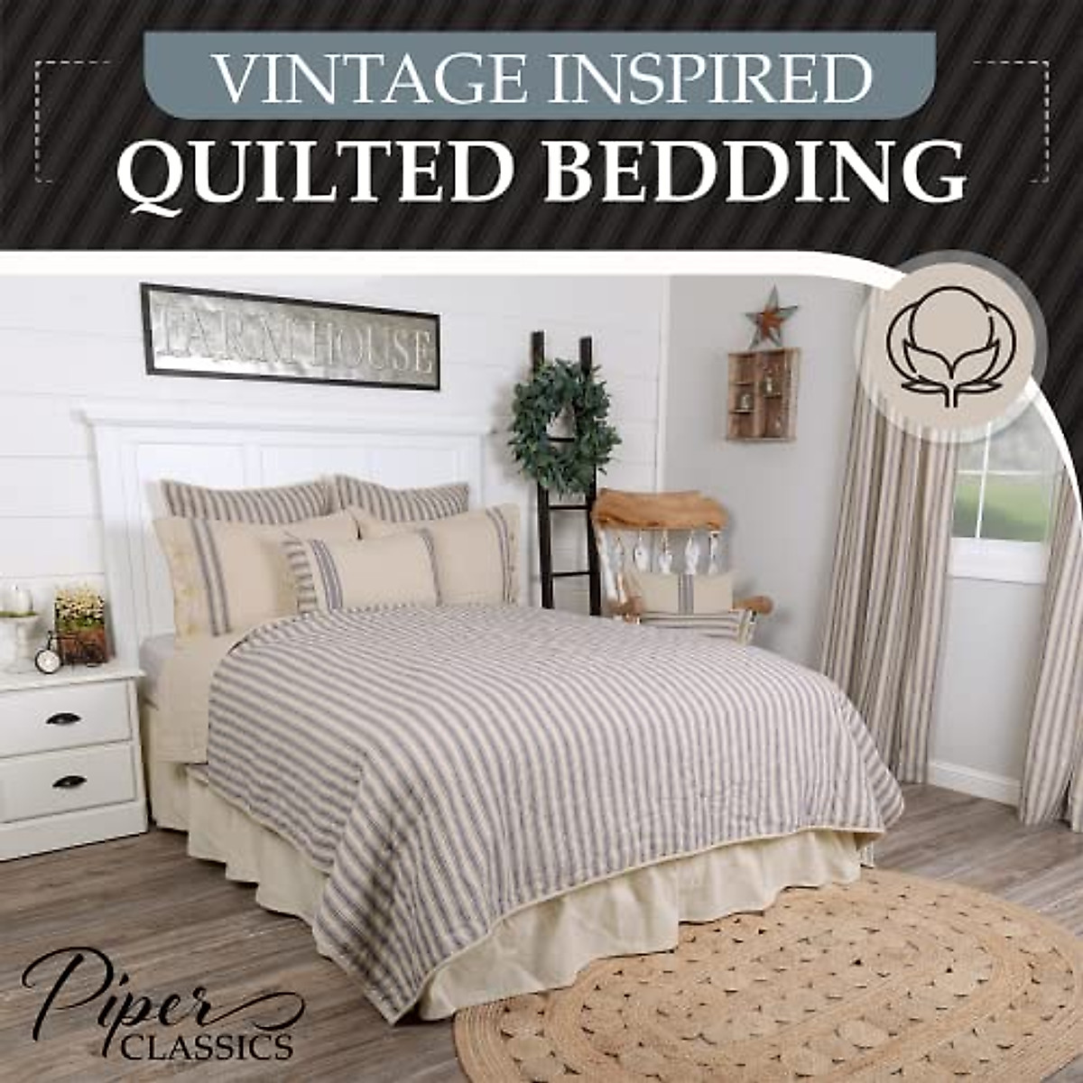 Piper Classics Market Place Blue Ticking Stripe Full/Queen Quilt