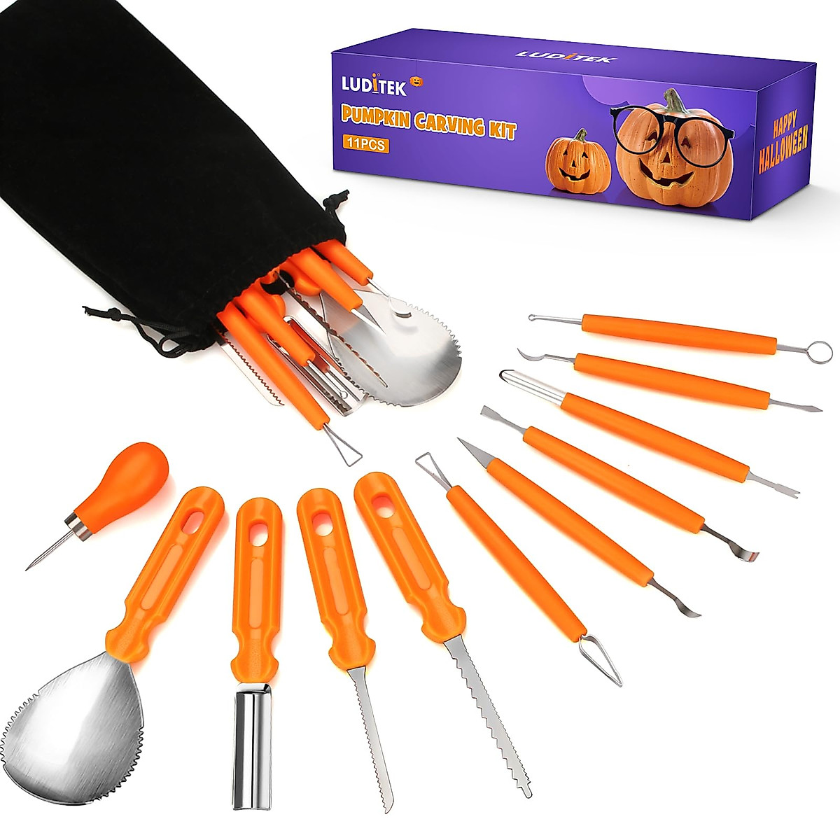 Luditek Halloween Pumpkin Carving Tools, Halloween Jack-O-Lanterns 11 Piece Professional Stainless Steel Pumpkin Carving Kit, Pumpkin Cutting Supplies Tools Kit for Adults Kids