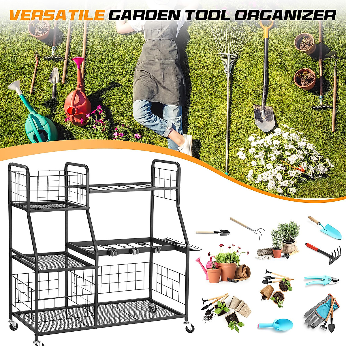 Rengue Large Garden Tool Organizer 3 Tier Yard Tool Rack with Slots & Hooks, Heavy Duty Metal Shelf Yard Tool Holder, Utility Stand Rack for Garage Organization and Storage for Garage, Backyard, Lawn