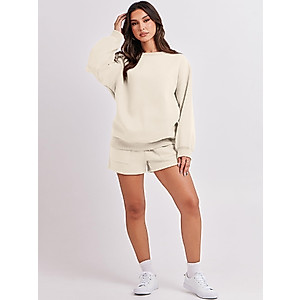 ANRABESS Women 2 Piece Outfits Sweat Shorts Sets 2025 Oversized Casual Lounge Matching Set Sweatsuit Tracksuit Clothes Beige X-Small