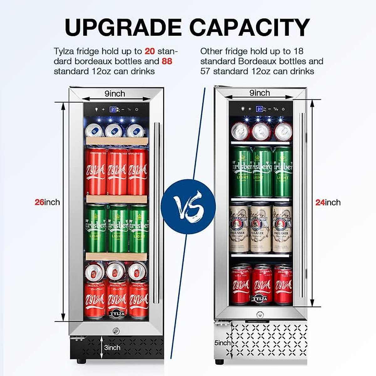 Tylza Upgraded Wine and Beverage Refrigerator 24 Inch, Dual Zone Wine Beverage Cooler with French Door, Under Counter Wine Beer Fridge Built-In or Freestanding, Holds 20 Bottles and 88 Cans TYBC120-3