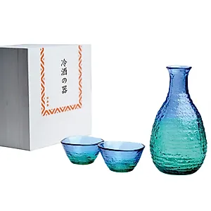 Toyo Sasaki Glass G604-M77 Cooling Sake Cup, Blue Green, Approx. 7.9 x 7.5 x 4.7 inches (20 x 19 x 12 cm), Sake Glass Collection, Liquor Bowl Assortment, Made in Japan, 3 Pieces