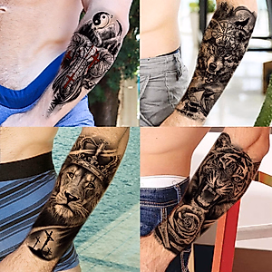 Bilizar 63 Sheets Tribal Wolf Lion Tiger Temporary Tattoos For Men Women Adults, Scary Halloween Skull Gangster Fake Tattoo Stickers Kids, Small 3D Realistic Tattoos Thigh Arm Neck Elephant Warrior