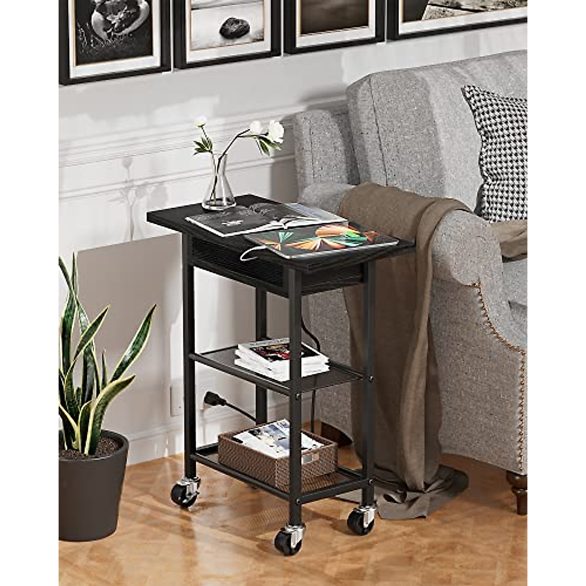 Egepon End Table with Charging Station, Side Table Narrow Flip Top with USB Ports & Power Outlets for Small Spaces, Sofa Table Nightstand with Storage Shelves Rolling Wheels for Living Room Bedroom