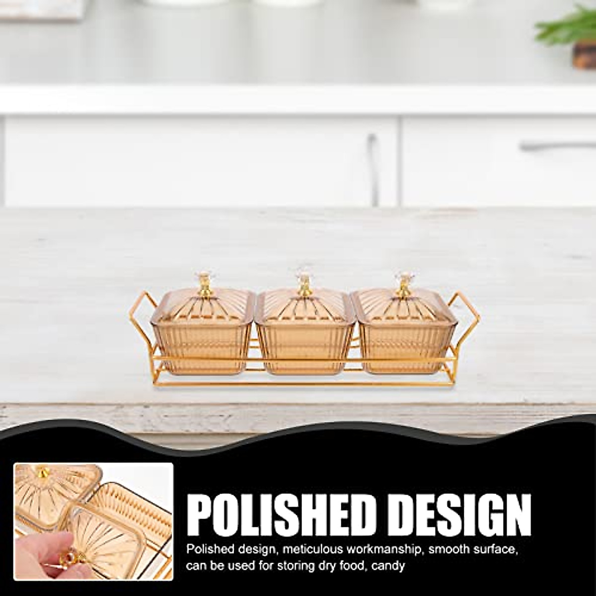 Cabilock Serving Bowls Condiment Serving Tray 3 Clear Appetizer Bowls Set with Iron Rack Chip Dips Snack Dish Buffet Server Food Display Relish Platter for Fruit Dessert Nuts Candy Decorative Tray