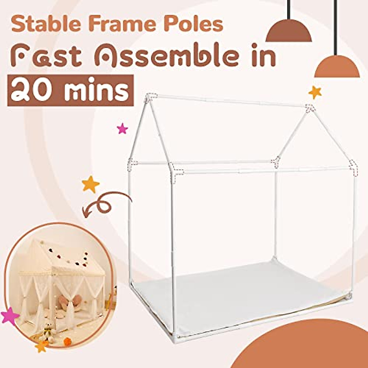 Kids Play Tent Indoor Outdoor, Large Play House Tents for Toddlers 3-12 Years Old, Girls Boys Play Tents with Non-Slip Mat, Tassel Garland and Star Lights, Neutral Color 52" x 35" x 52"