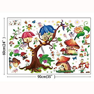 ufengke Fairy Garden Wall Stickers Tree Mushroom House Wall Decals Mural for Girls Bedroom Nursery Living Room
