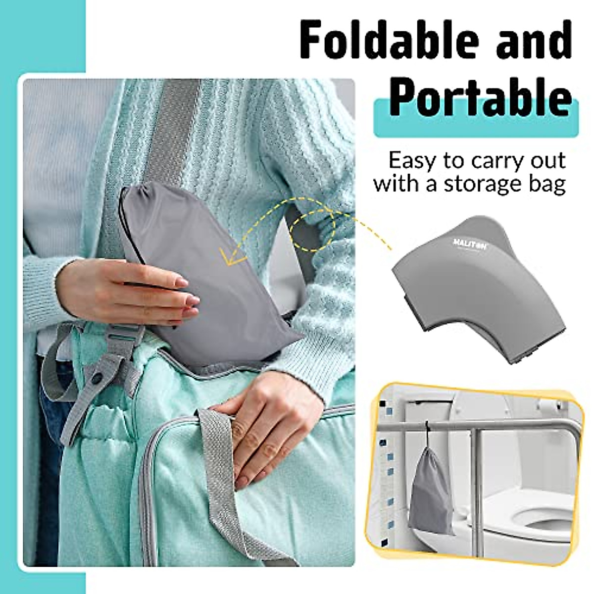 Travel Potty Seat for Toddler & Kid, Maliton Portable Potty Seat with Storage Bag, Foldable Potty Seat for Toddler Travel, Non-Slip Potty Training Toilet Seat Cover wth Splash Guard (Grey)