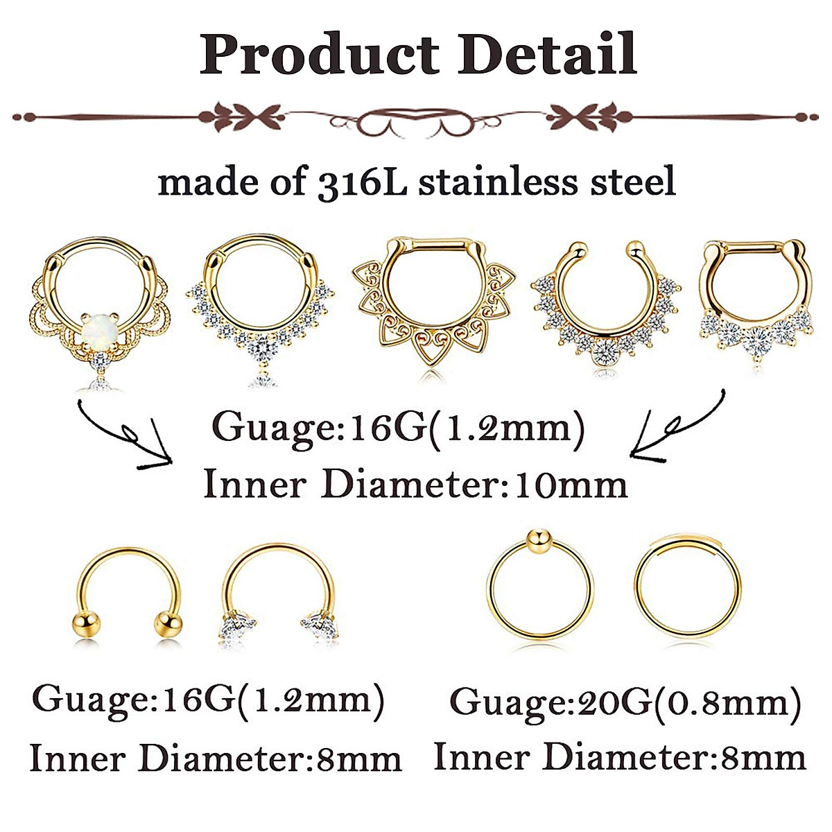 JOERICA 9 Pcs Stainless Steel Septum Hoop Nose Rings Cartilage Daith Earrings Clicker CZ Body Piercing Jewelry