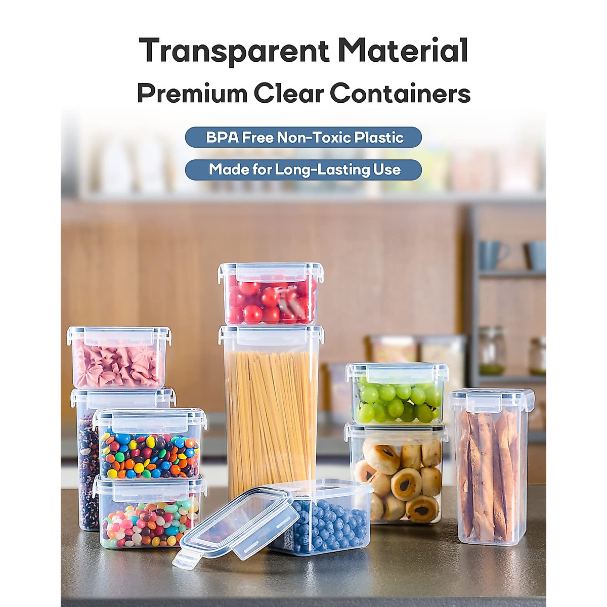 Airtight Food Storage Containers with Lids, Clear Pantry Canister Set for Kitchen Organization, Stackable Organizers for Flour, Sugar, Cereal, Rice, BPA Free Plastic 14-Pack with Different Sizes Dark Gray