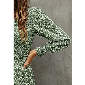 Annebouti Women's 2023 Fall Casual Long Sleeve Maxi Dress Boho Tiered Smocked Office A-Line Modest Floral Long Dresses for Women Olive M