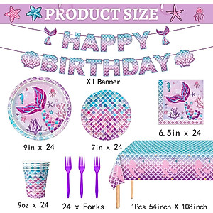 122Pcs Mermaid Birthday Party Decorations Set Mermaid Party Supplies Includes Plates, Napkin, Fork, Cup, Tablecloth, Banner for Baby Shower Ocean Birthday Party Decorations, Serves 24