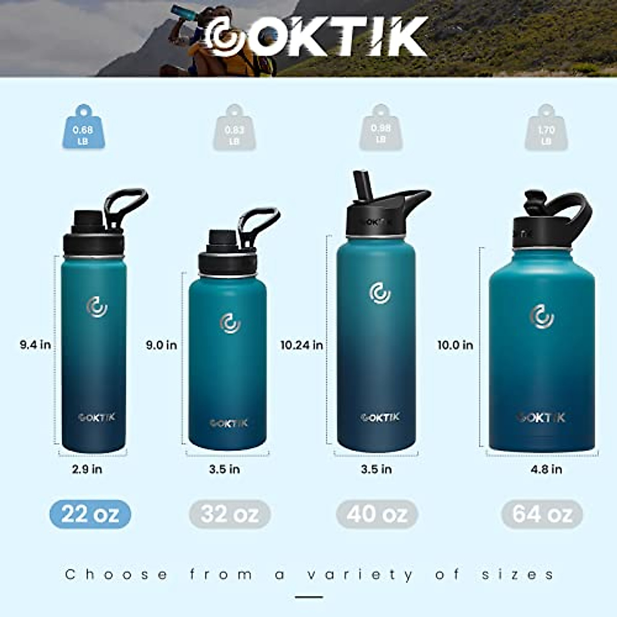 COKTIK Insulated Stainless Steel Water Bottle With Straw Lid, 22 oz Wide Mouth Double Wall Vacuum Insulated Water Bottle Leakproof Lightweight for Hiking, Biking, Running(Dark Night)