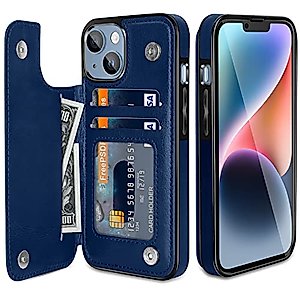 iMangoo for iPhone 14 Case Wallet Credit Card Holder Slots Kickstand, iPhone 13 Flip Cases PU Leather Cash Pocket for Men Women Double Magnet Clasp Protective Phone Cover for iPhone 14 13 6.1" Blue