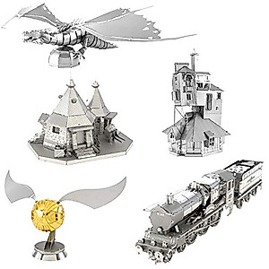 Fascinations Metal Earth 3D Metal Model Kits - Harry Potter Set of 5 - The Burrow - Hogwarts Express Train - Hagrid's Hut - Golden Snitch - Gringotts Dragon