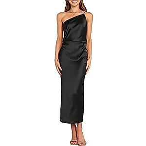 ANRABESS Women Summer Satin One Shoulder Bodycon Maxi Dress Sleeveless Split Evening Night Party Cocktail Formal Dresses Elegant Wedding Guest Graduation Prom Dresses 902heise-XL Black