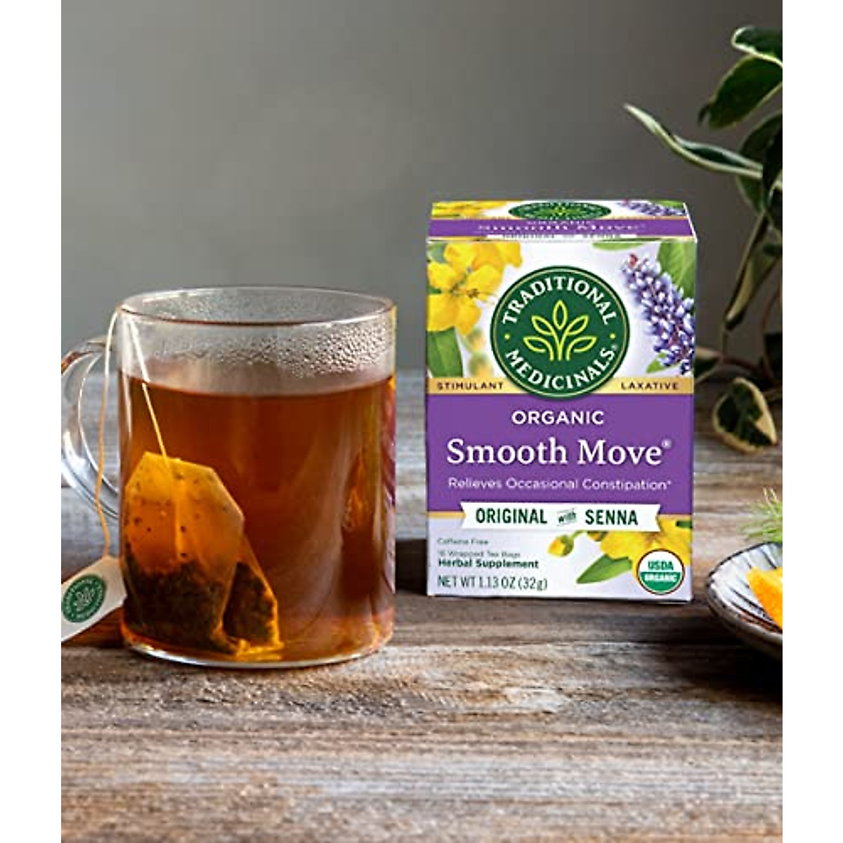 Traditional Medicinals Organic Smooth Move with Senna Herbal Tea, Relieves Occasional Constipation, (Pack of 2) - 32 Tea Bags Total