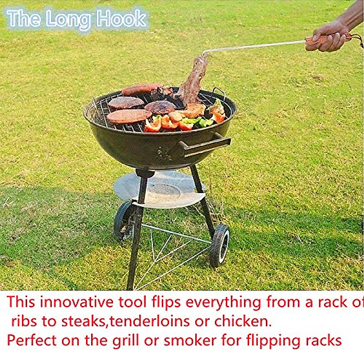 LQLMCOS Food Flipper Turner Hooks Stainless Steel BBQ Meat Hooks Cooking Barbecue Turners Hooks Grill Accessories with Wooden Handle for Grilling & Smoking (Style A-One Pack)