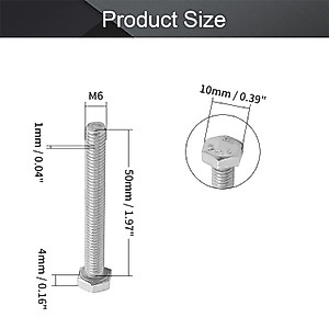 MroMax 10Pcs M6 x 50mm Hex Head Screws Bolts, 304 Stainless Steel 18-8, Fully Threaded, External Hex Drive, for Mounting Chair, Handles, Rail, Pump, Wheels, Antenna Parts, Boat and Plastic Bumpers