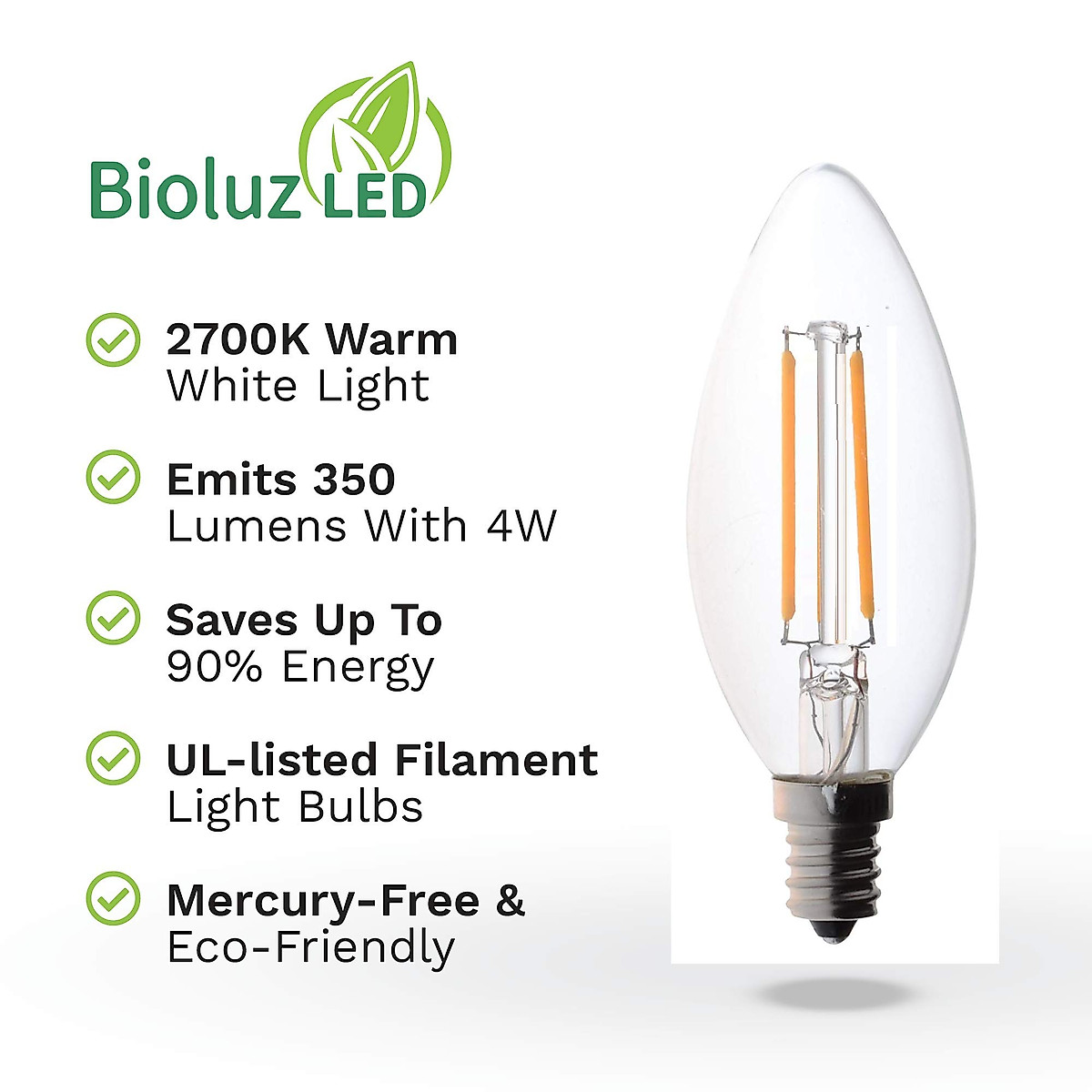 Bioluz LED 4W Filament Candelabra Bulb, E12 Base High Efficiency LED Candle Bulbs, UL Listed, Pack of 6
