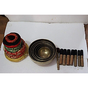 Set of 7 pieces ~ Hand Hammered Yoga Meditation Bowls 5"-10" included 7 Mallets, 7 cushions & 1 drum stick.