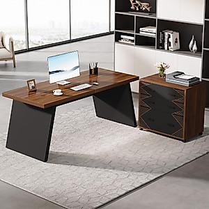 Tribesigns L-Shaped Executive Desk, 62" Large Home Office Computer Desk with 2 Storage Drawers and Letter Size File Cabinet, Workstation Business Furniture Set (Oak & Black)